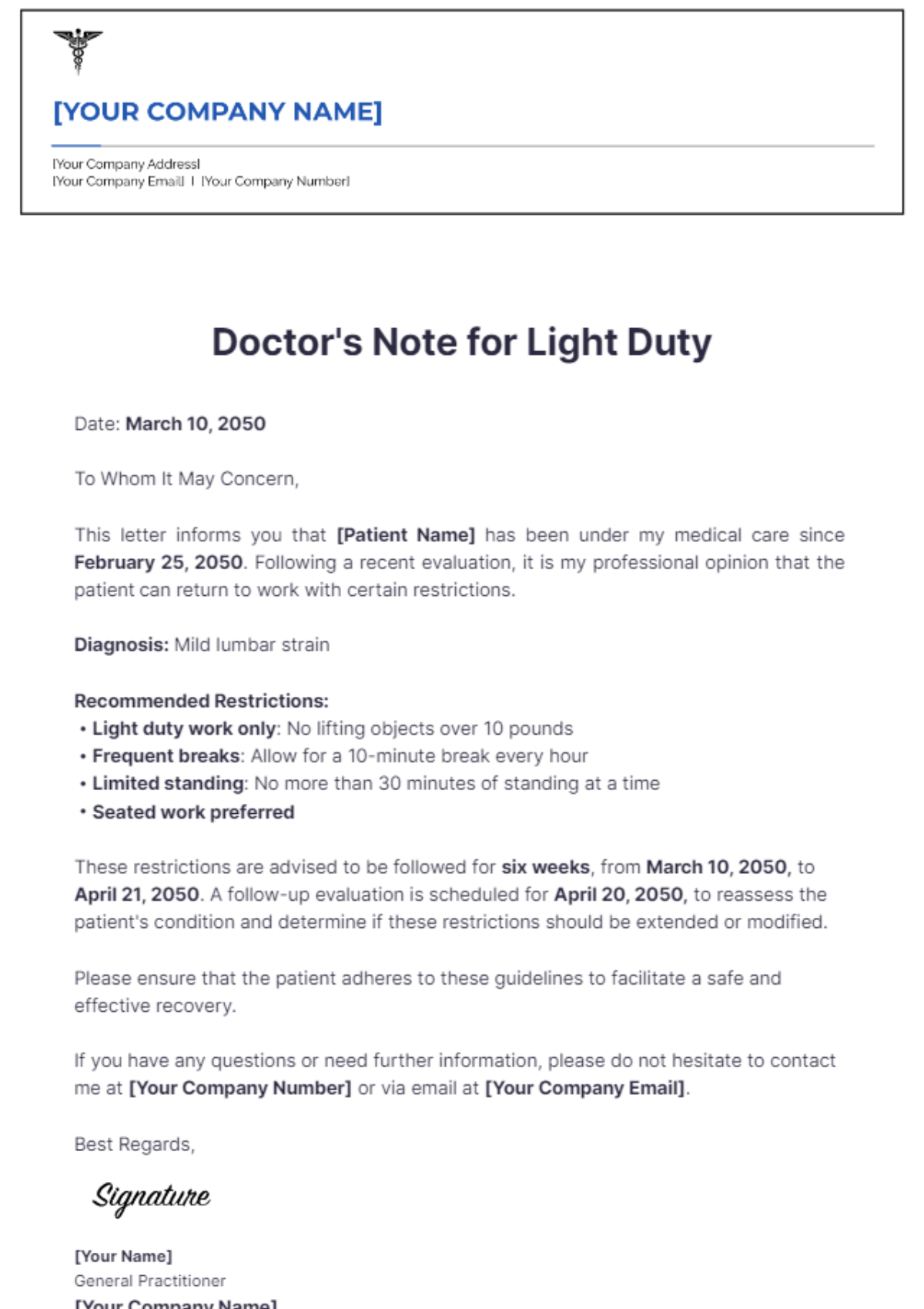 Doctor’s Note for Light Duty – eDocNotes.com